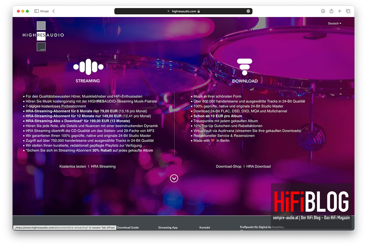 HRA Streaming bei HIGHRESAUDIO für nur € 10,33 pro Monat | sempre-audio.at